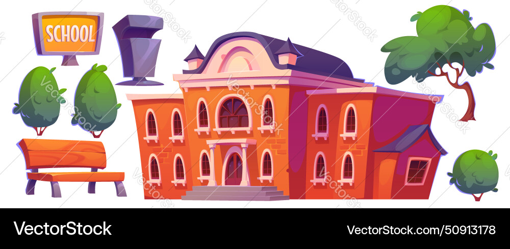 School building outside with yard elements Vector Image