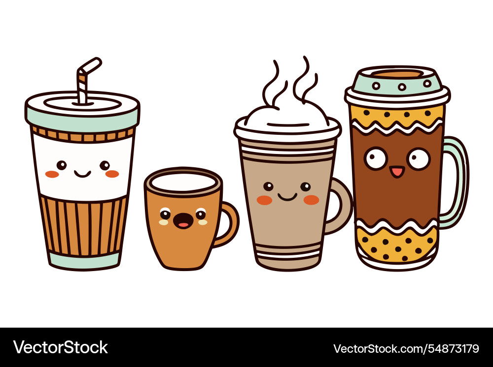 Cartoon style coffee mugs with different designs Vector Image