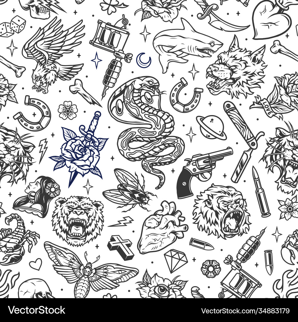 Vintage tattoos seamless patterns Royalty Free Vector Image