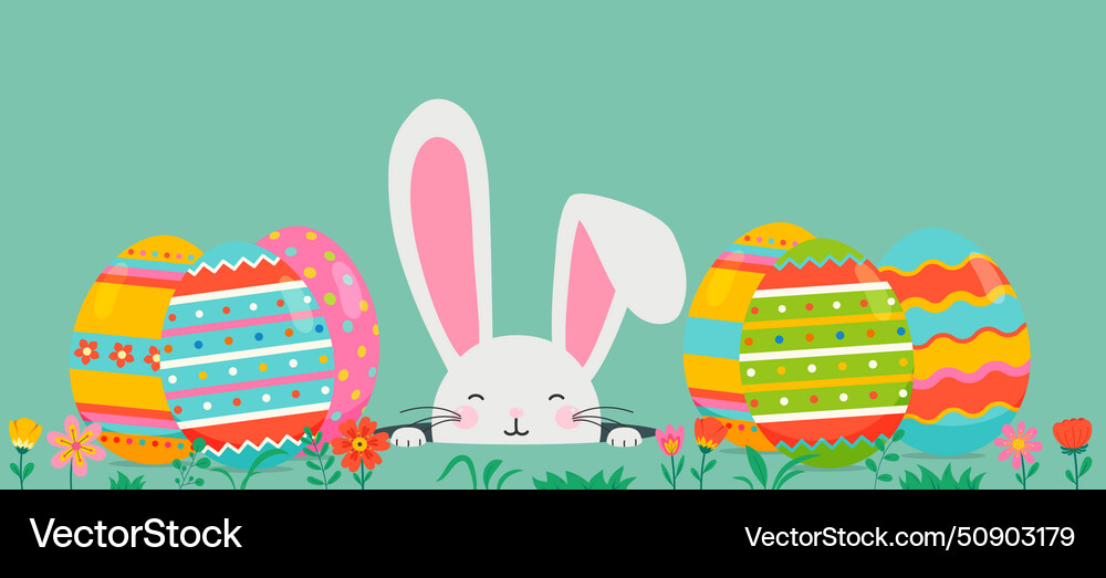 White bunny with colorful easter eggs spring Vector Image