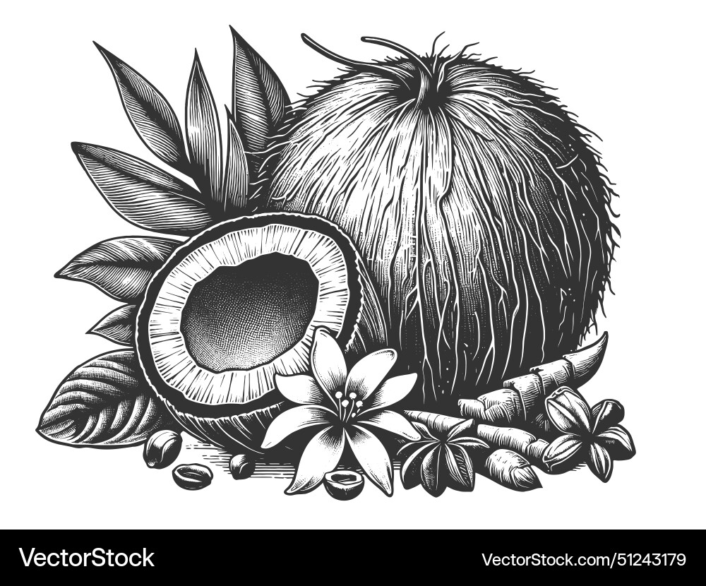 Whole and sliced coconuts engraving Royalty Free Vector