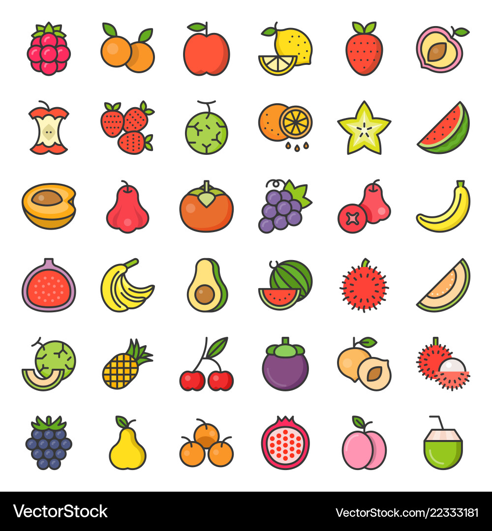 Cute fruit and berries filled outline icon set 2 Vector Image