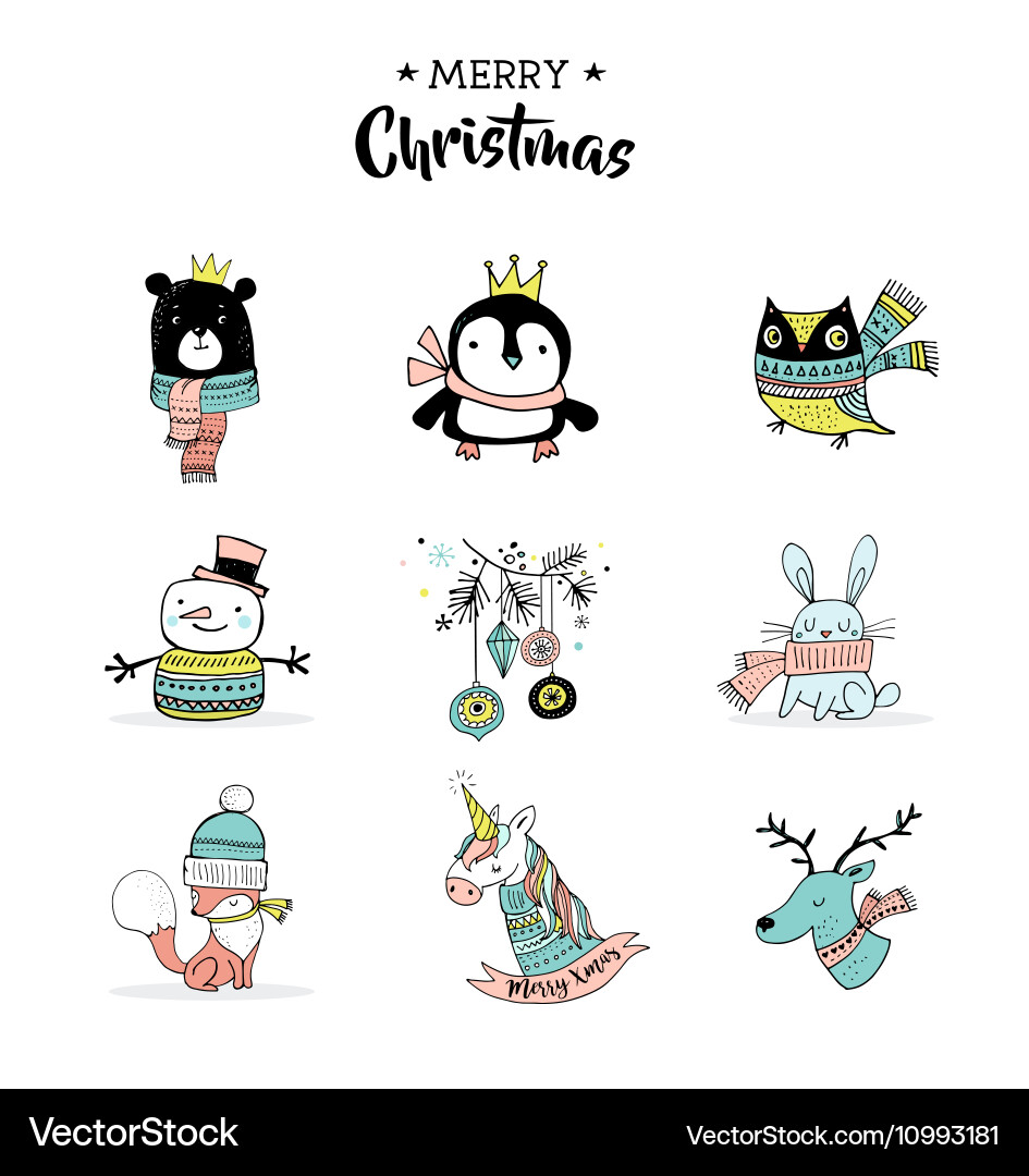 Merry christmas hand drawn cute doodles stickers Vector Image