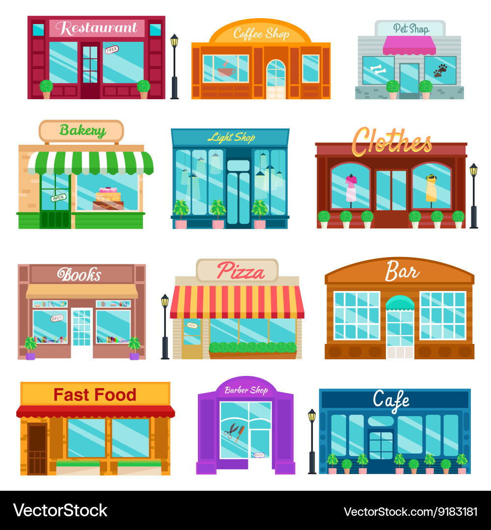 Shops and stores front icons set flat style Vector Image