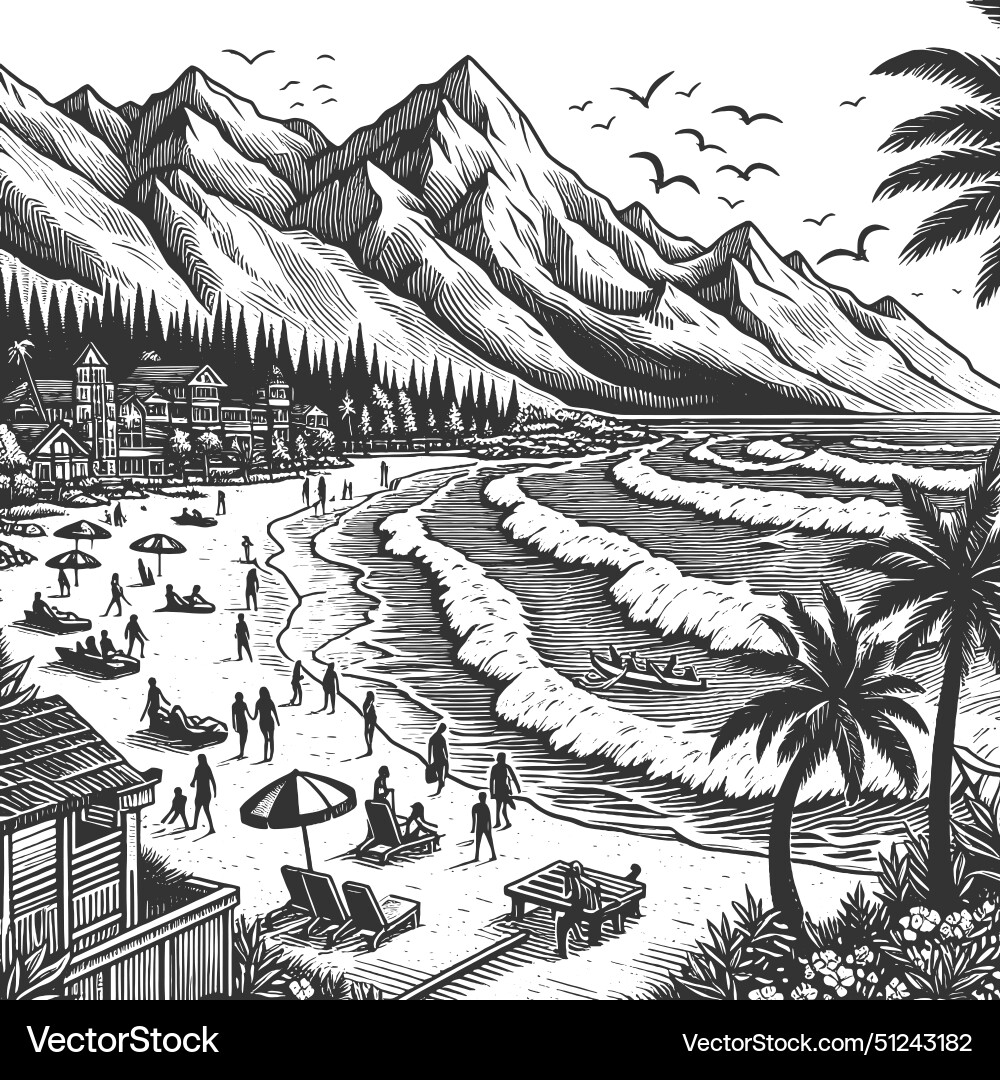 Beach and mountain landscape engraving Royalty Free Vector