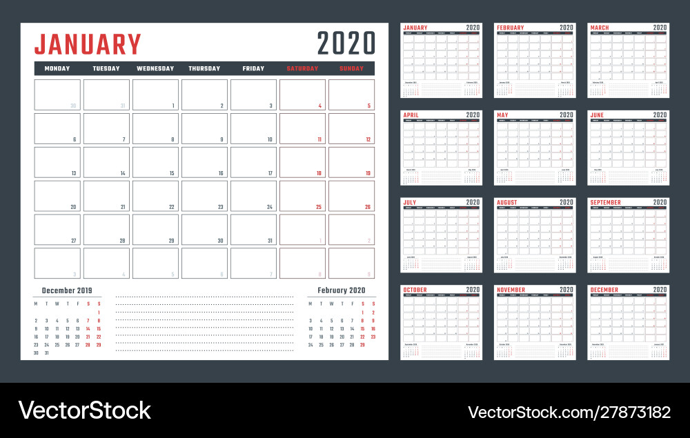 Calendar for 2020 starts monday Royalty Free Vector Image