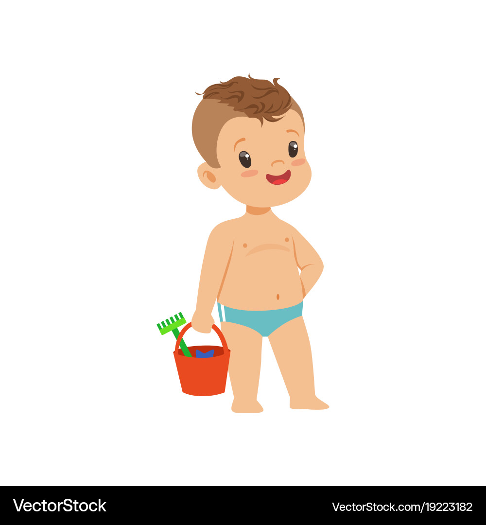 Süßer kleiner Junge stehend mit Eimer Kind spielen