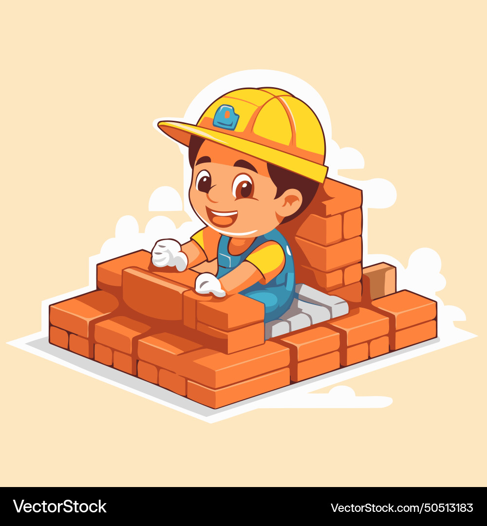 Cartoon construction worker building brick wall Vector Image