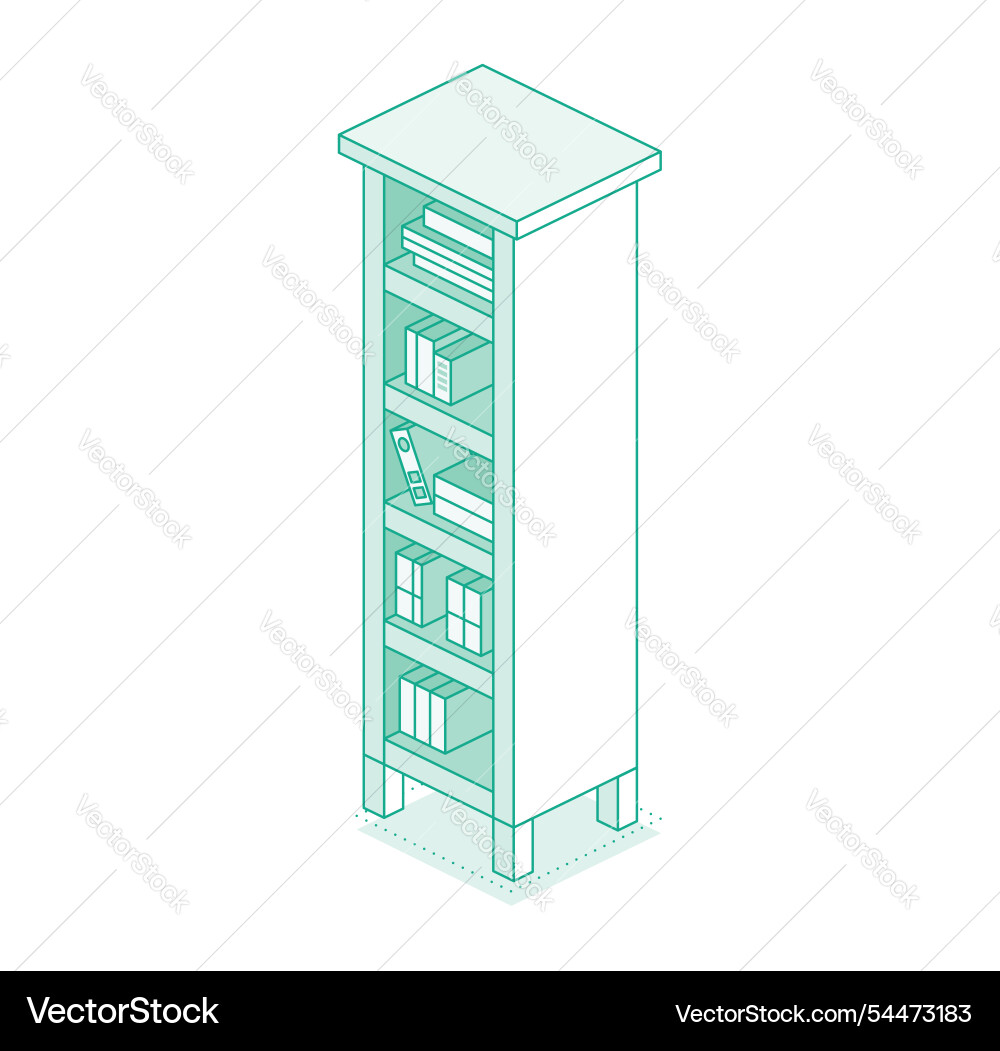 Isometric bookshelf outline style with green lines