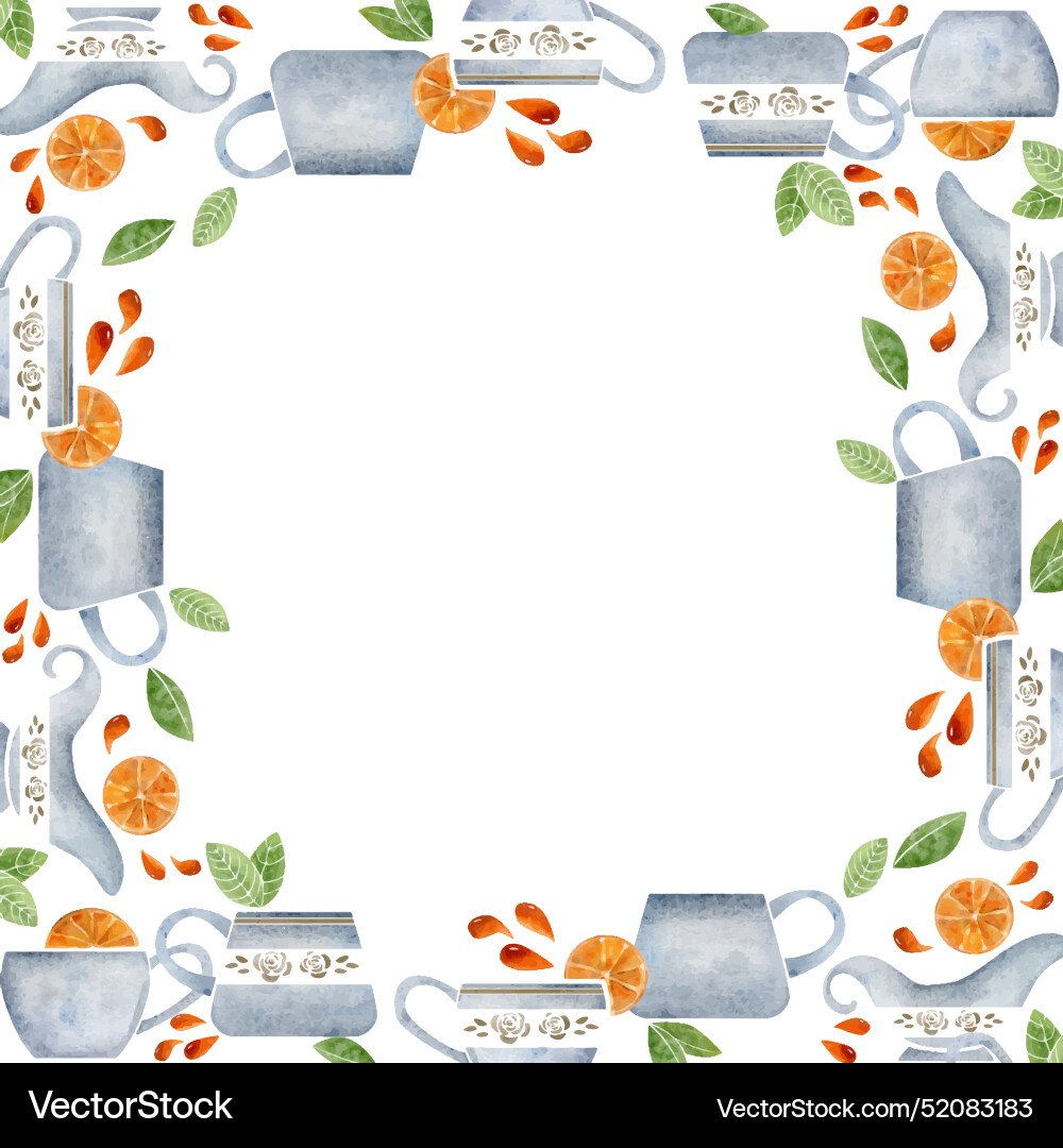 Watercolor hand drawn border frame with porcelain Vector Image