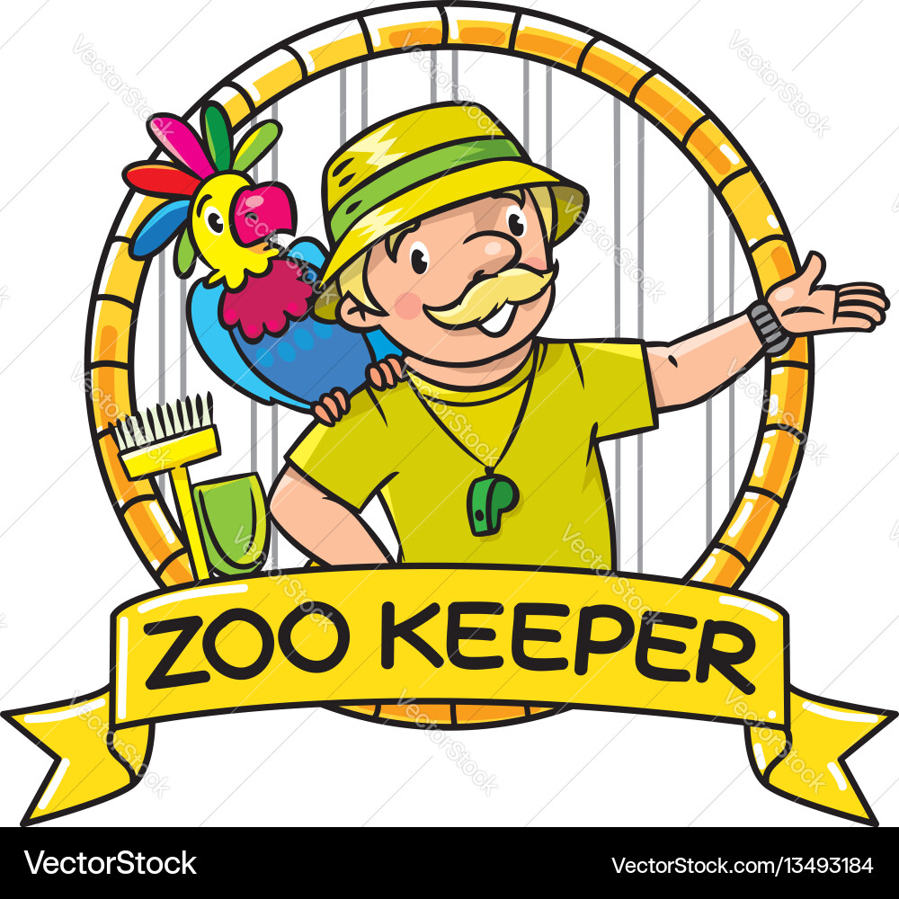 Funny zoo keeper with parrot emblem Royalty Free Vector