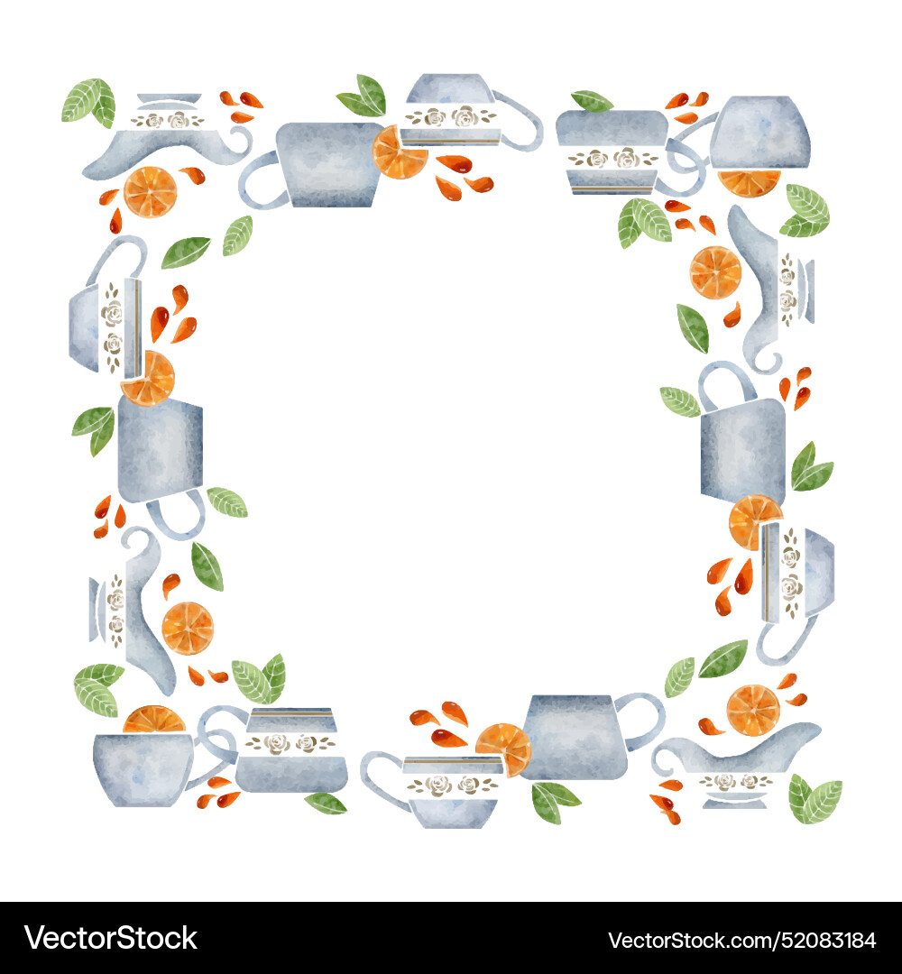 Watercolor hand drawn border frame with porcelain Vector Image