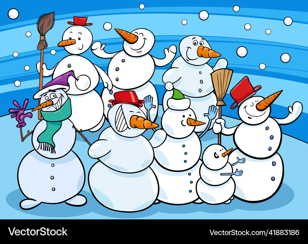 Happy cartoon snowmen characters group Royalty Free Vector