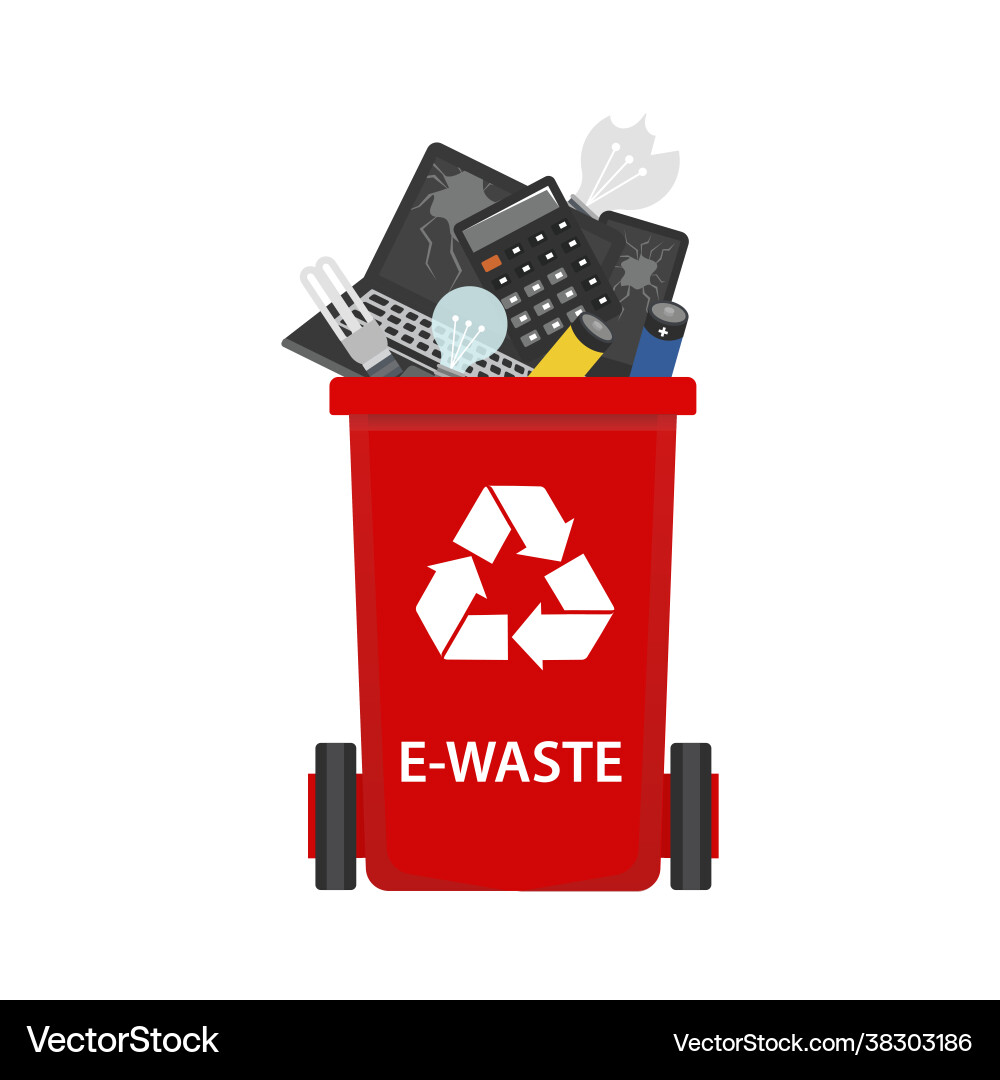 Trash can with recyclable waste sign and e-waste Vector Image