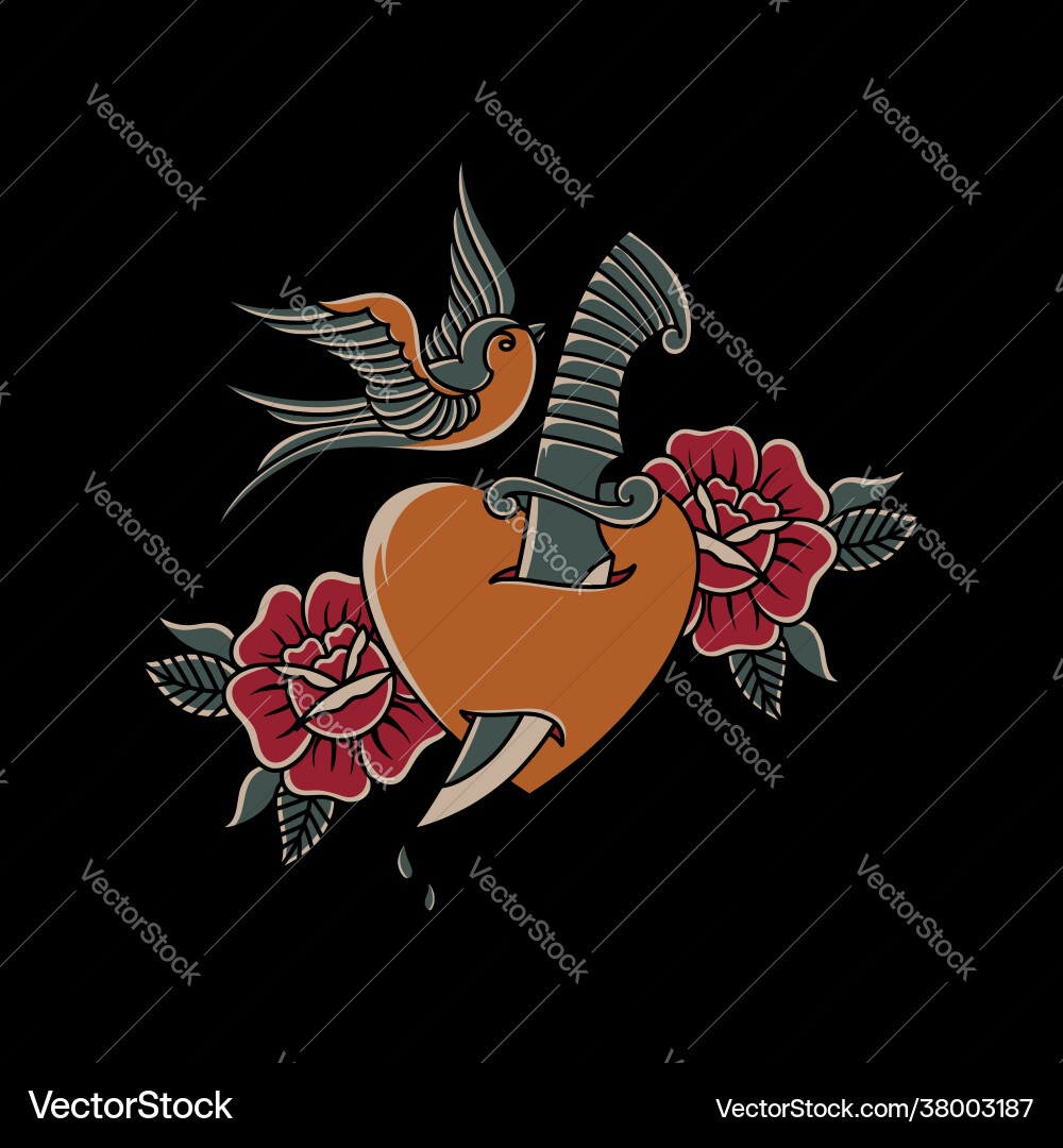 Bird dagger love roses with traditional old school