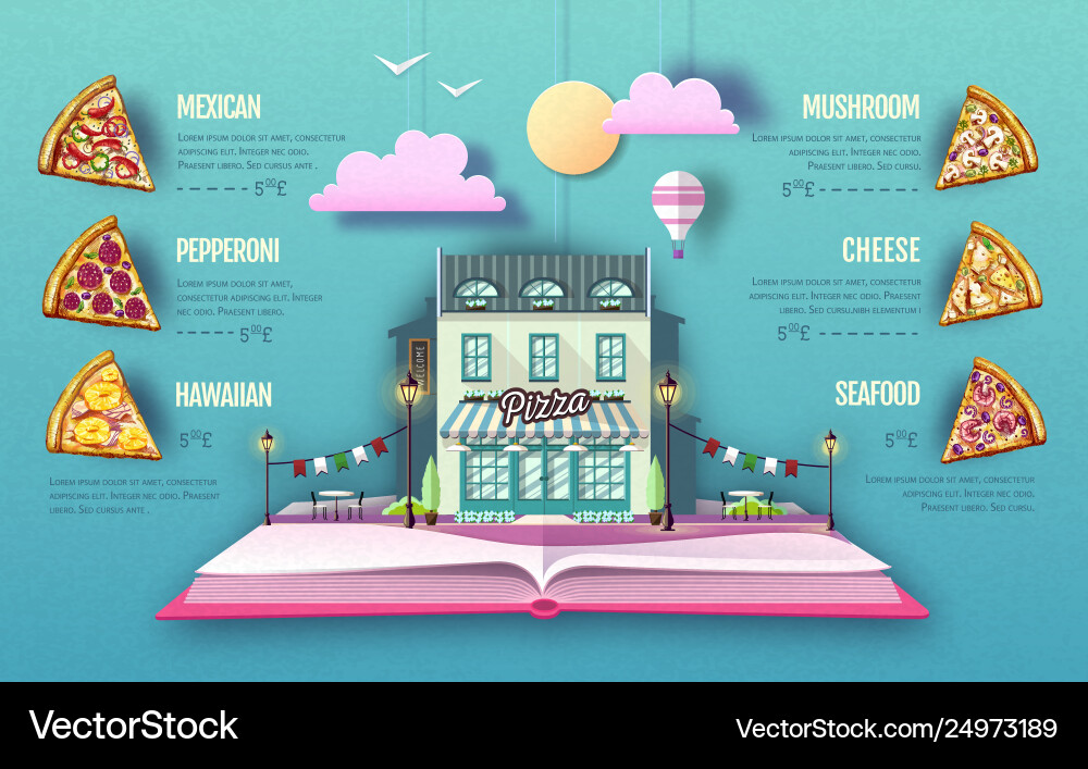 Pizza menu design cut out paper art style Vector Image