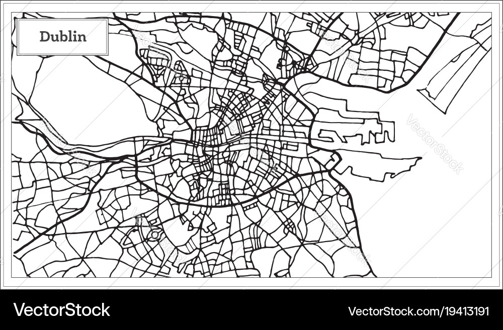 Dublin City Map - Black & White Outline Vector Image