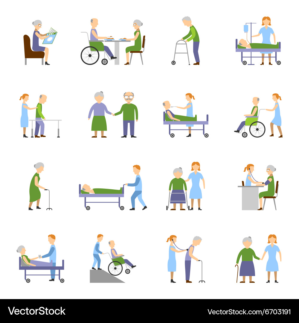 Nursing elderly people icons set Royalty Free Vector Image