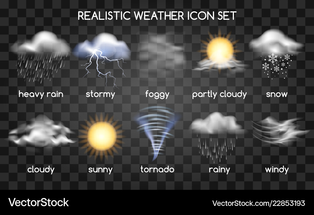 Realistic weather icons on transparent Royalty Free Vector