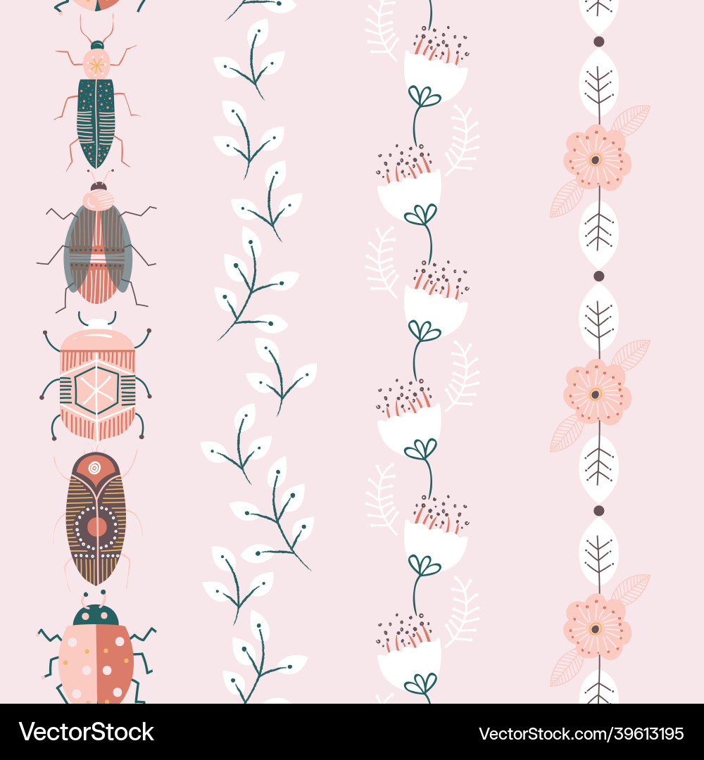 Bugs and plants seamless borders set Royalty Free Vector