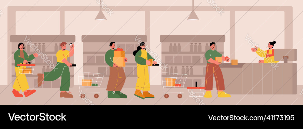 Queue in store unhappy customers stand line Vector Image