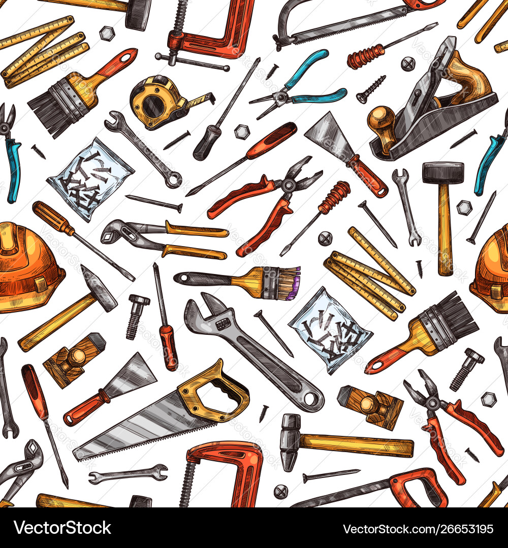 Tools seamless pattern hammer screwdriver saw Vector Image