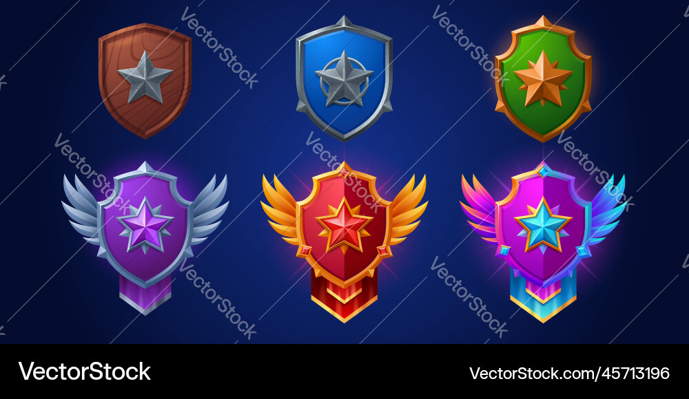 Game ranking badges with shields star Royalty Free Vector