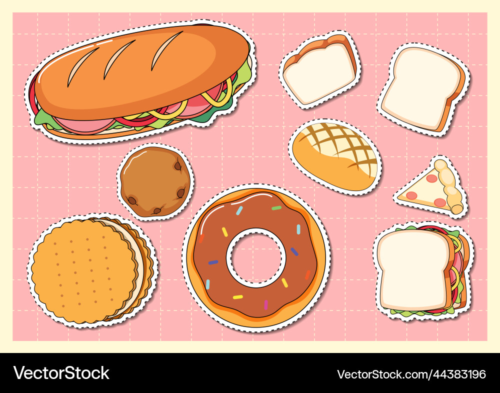 Mixed food cartoon sticker on grid background Vector Image