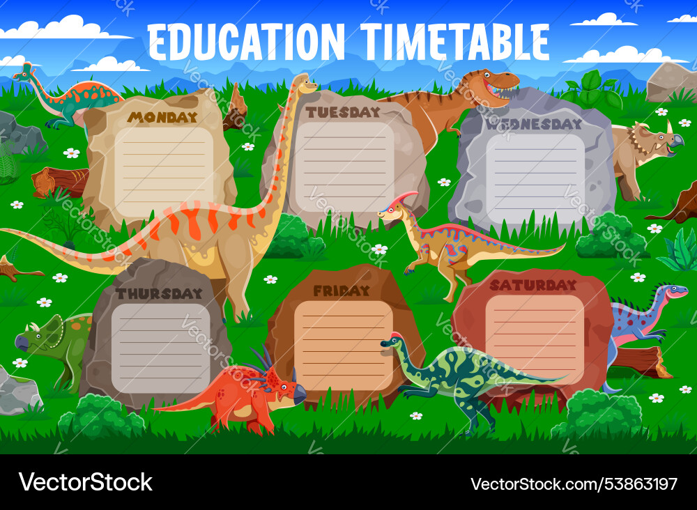 Education timetable schedule with funny dinosaurs Vector Image