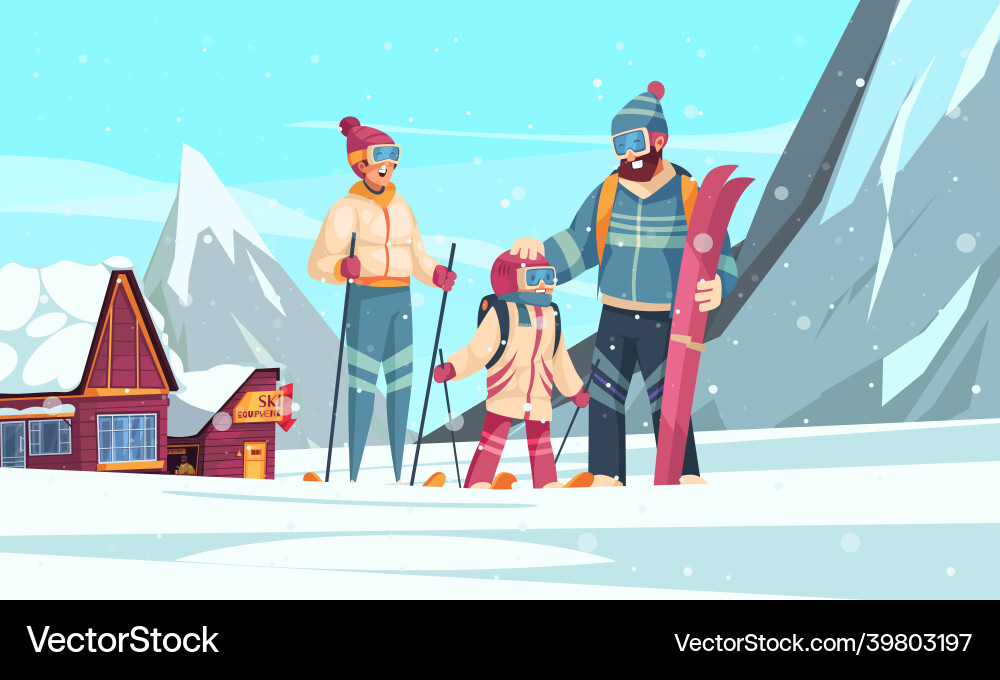 Winter ski resort cartoon composition Royalty Free Vector