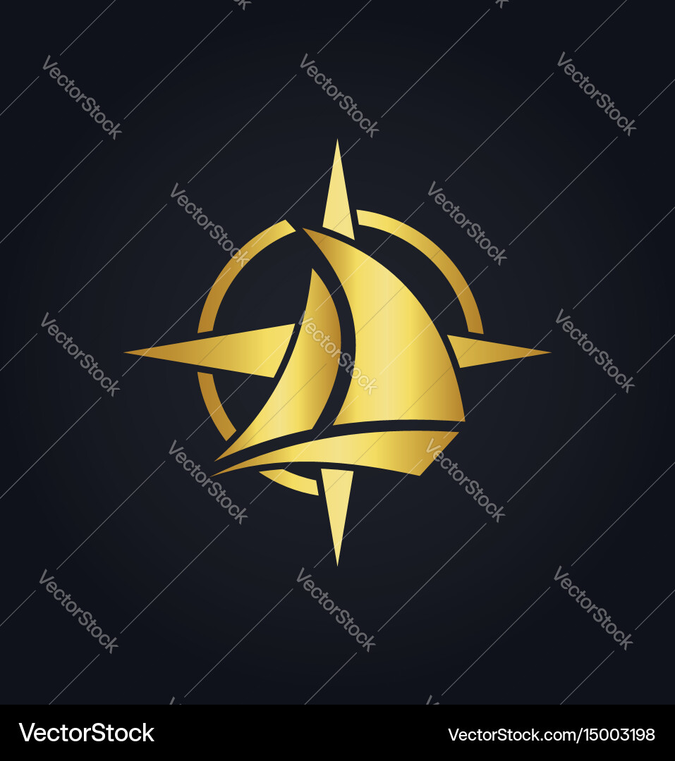 Sailing boat star compass gold logo Royalty Free Vector