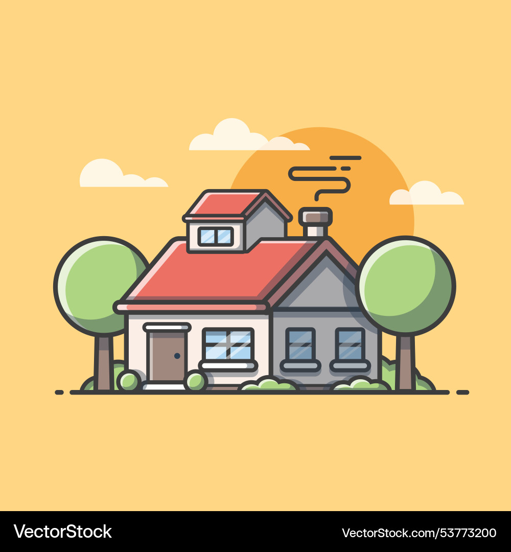 Beautiful house with clouds and sunset cartoon Vector Image