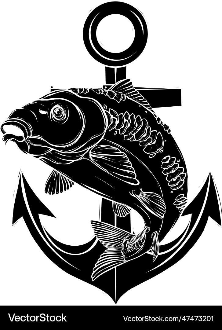 Schwarze Silhouette von Karpfenfisch mit Anker Vektorbild