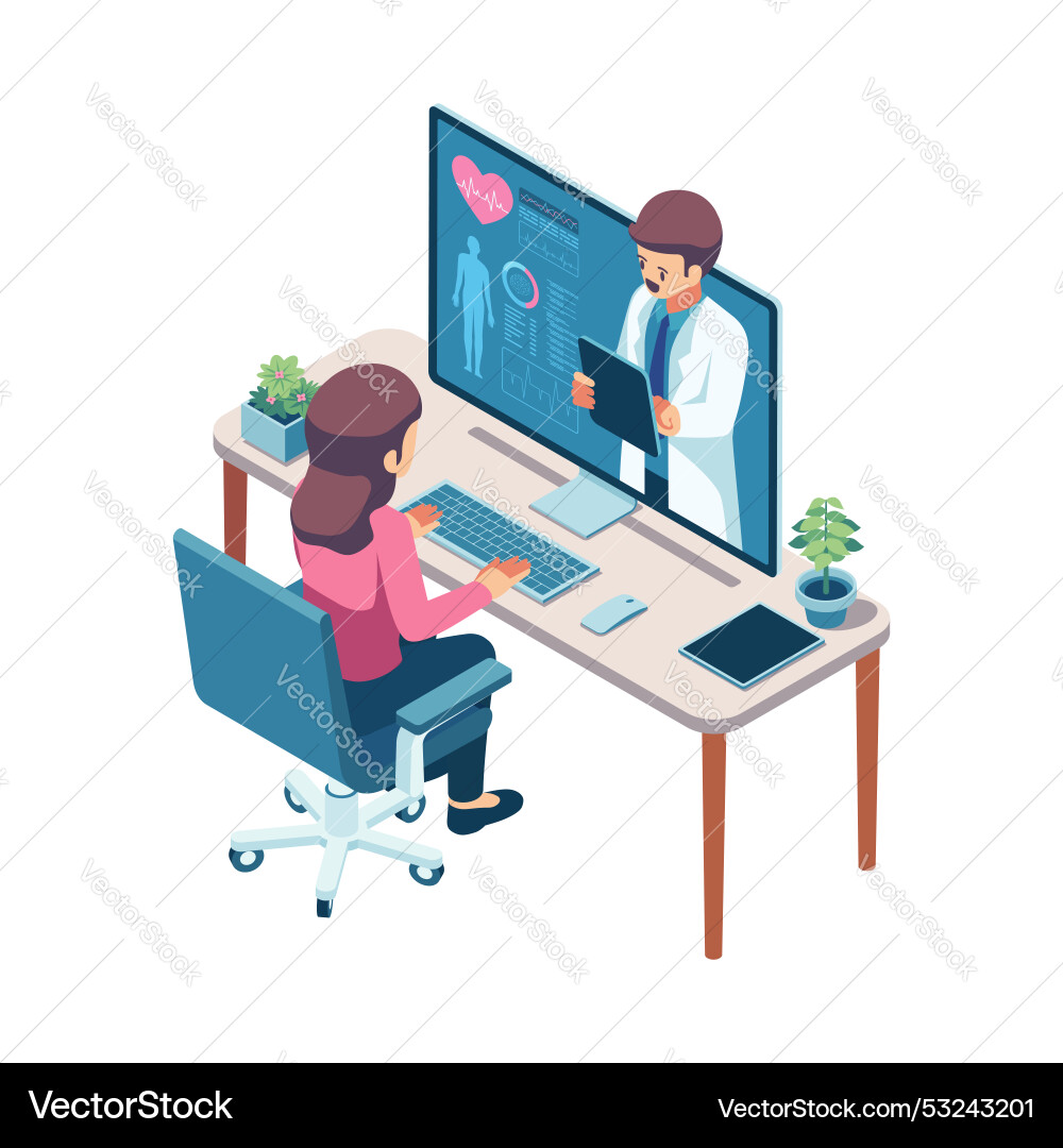 Isometric patient consult with doctor via Vector Image