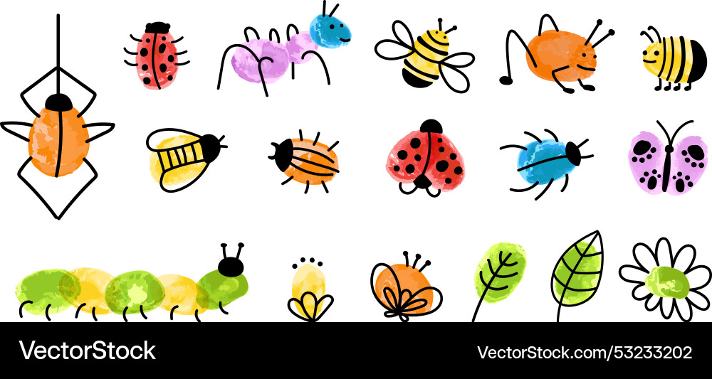 Children style fingerprint art insects decorative Vector Image