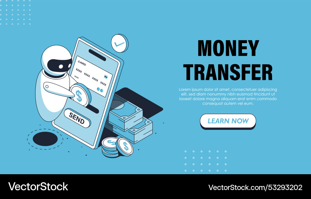 Isometric money transfer poster bot with coin Vector Image