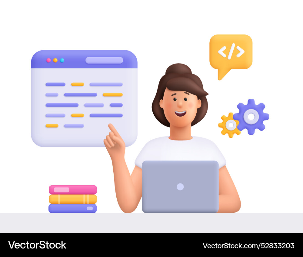 Woman sits at a table and writing code create Vector Image