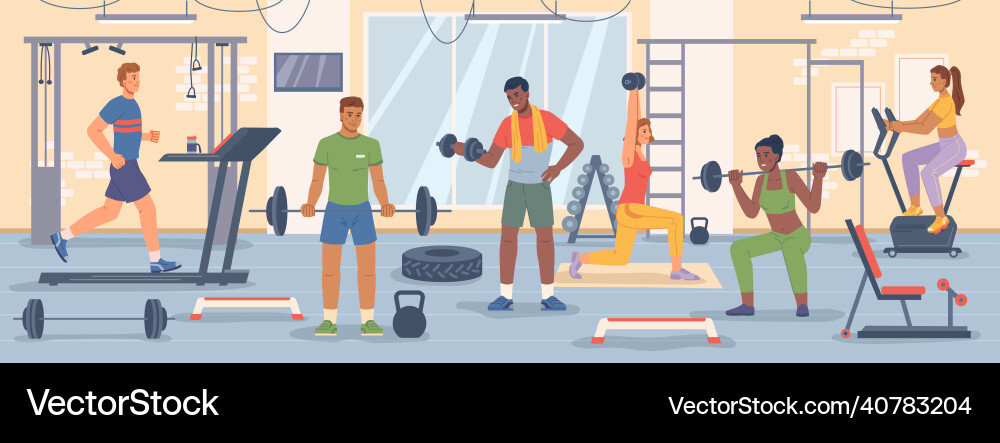People working out in gym using equipment Vector Image