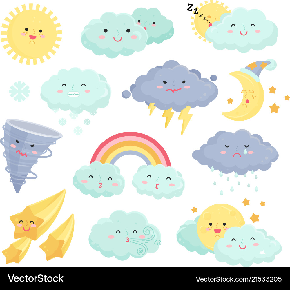 Cute Weather Icons - Rainbow, Clouds & More Vector Image