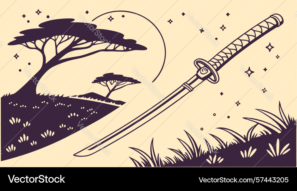 Katana sword in savannah under moon mysterious Vector Image