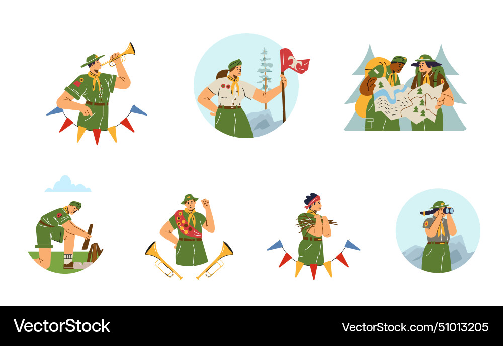 Scouts makes bonfire exploring map looks through Vector Image