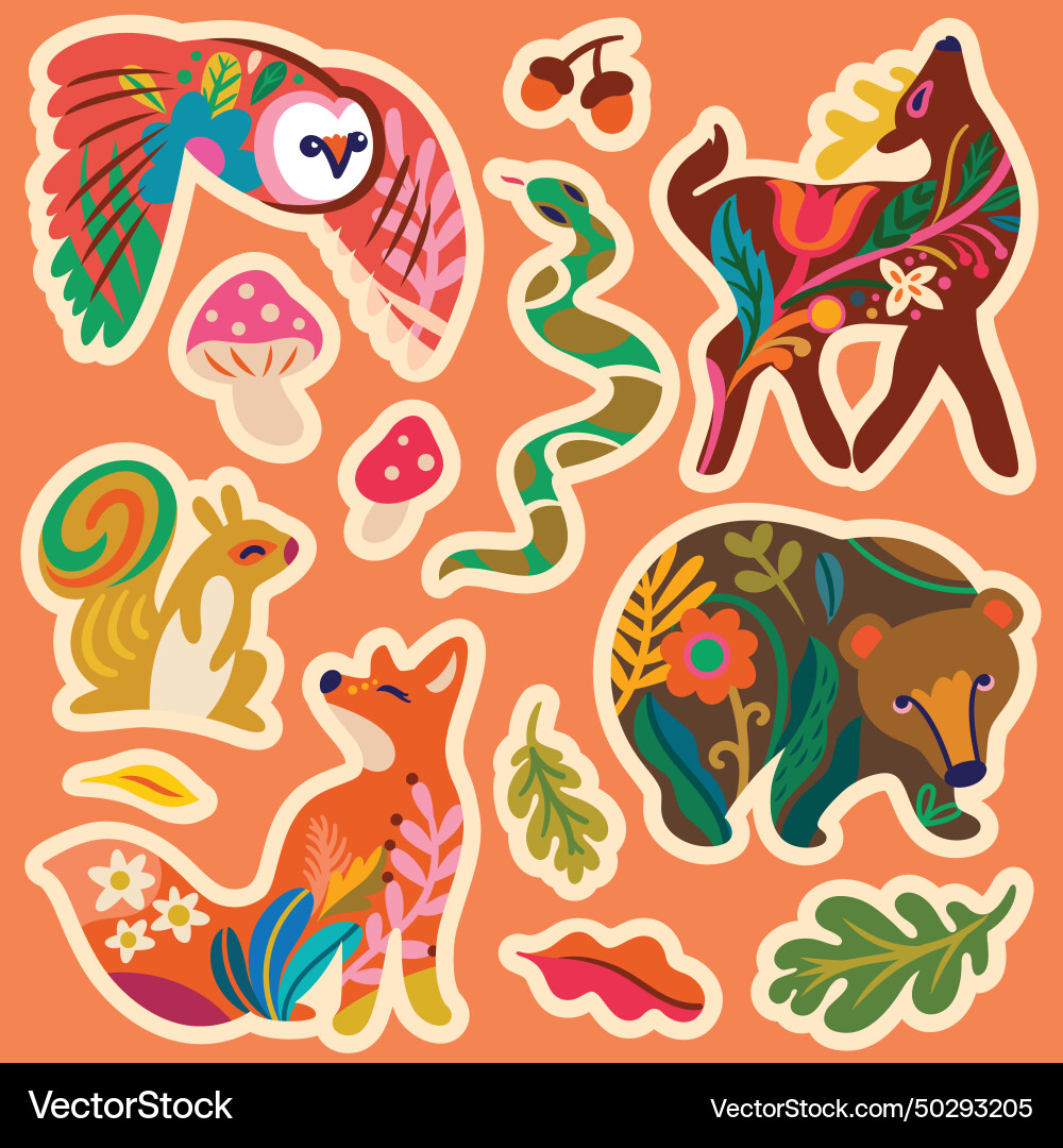 Sticker set forest animals in folk style Vector Image