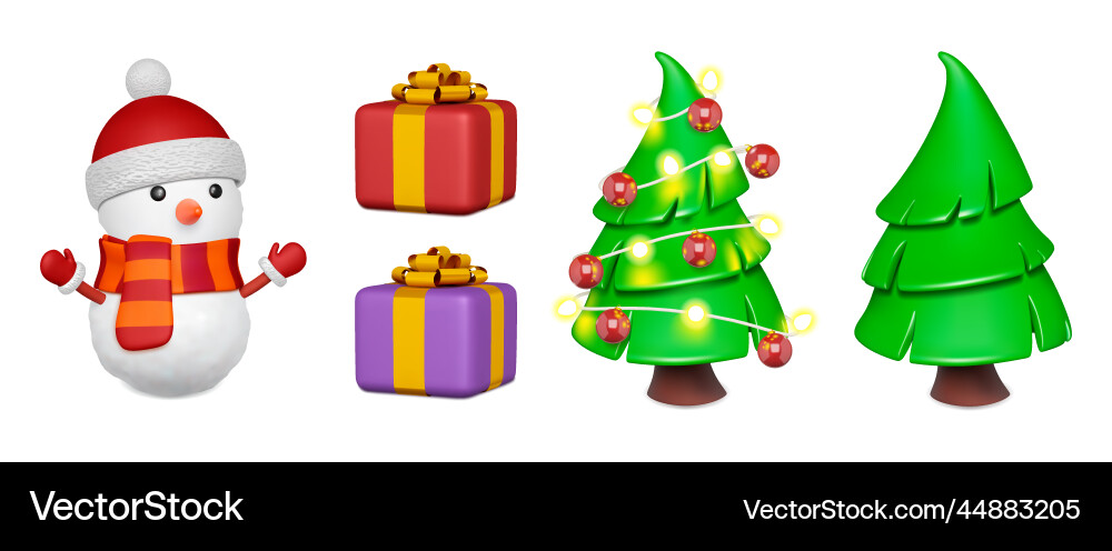 Winter 3d xmas tree with garland snowman and gift Vector Image
