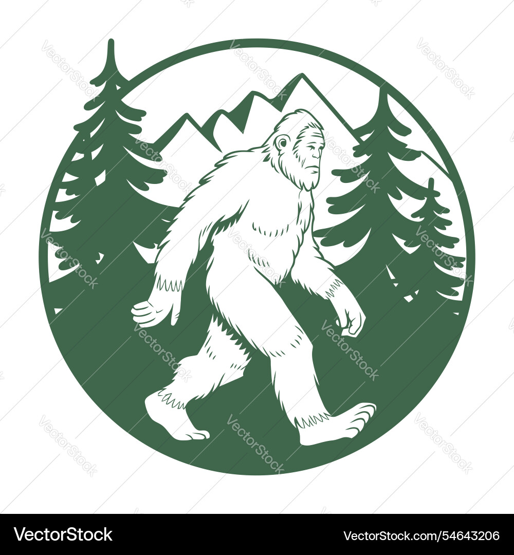 Bigfoot walking in forest retro Royalty Free Vector Image