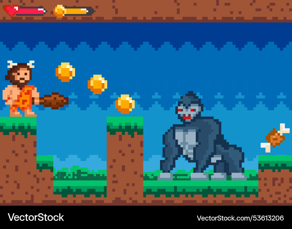 Retro video game scene with caveman and gorilla Vector Image
