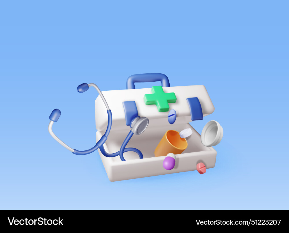 3d first aid kit with stethoscope pill container Vector Image