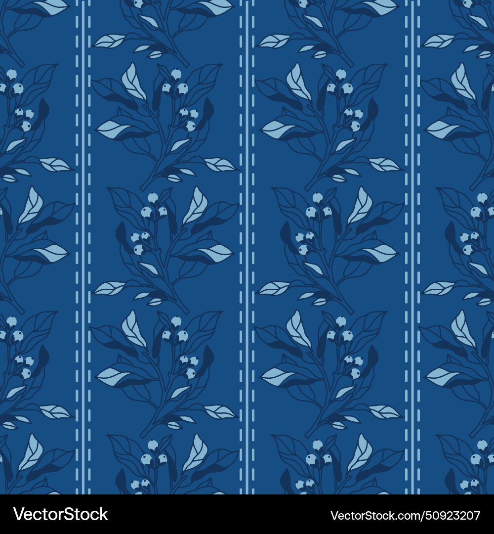 All blue leaves branch stripe seamless pattern Vector Image