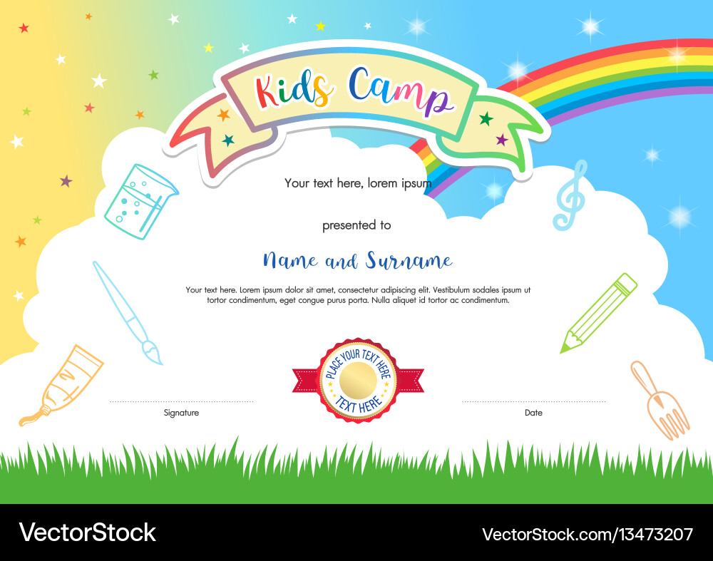 Colorful kids summer camp diploma certificate Vector Image