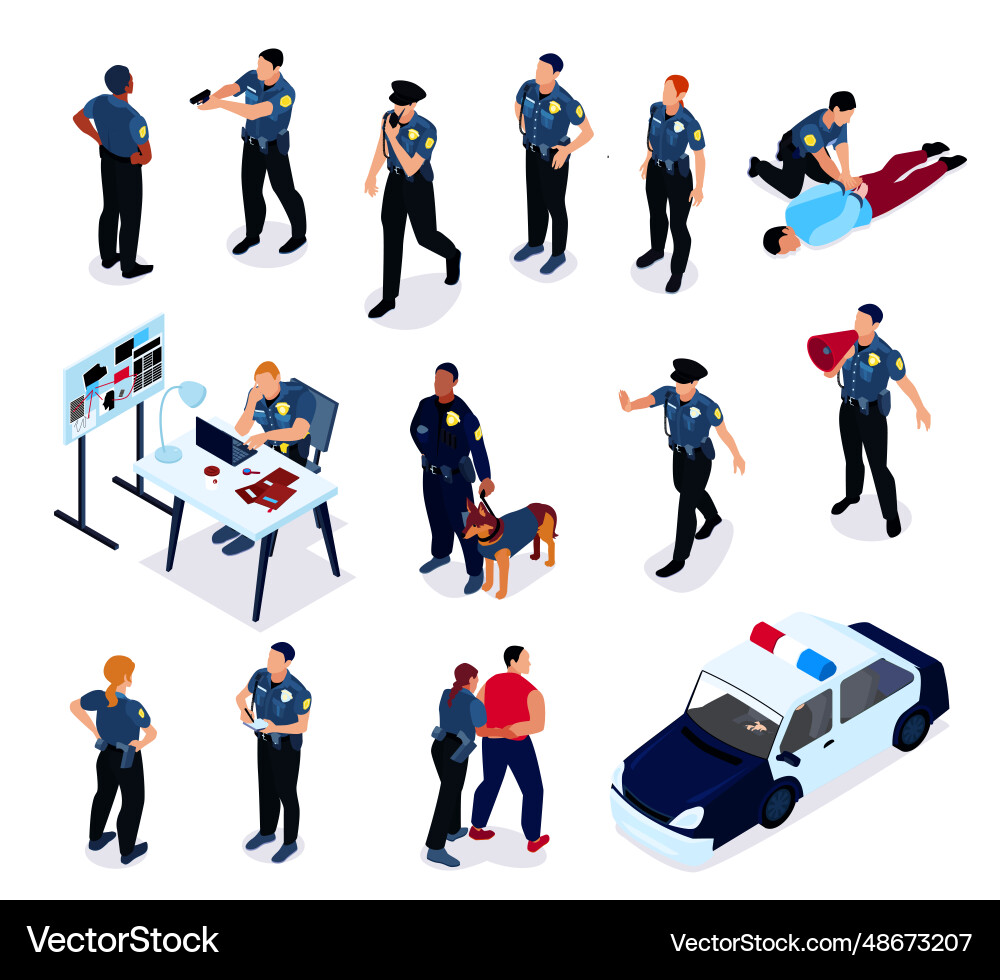 Police isometric icons collection Royalty Free Vector Image