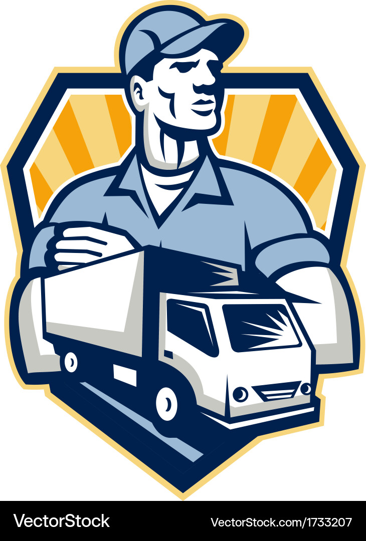 Removal man delivery truck crest retro Royalty Free Vector